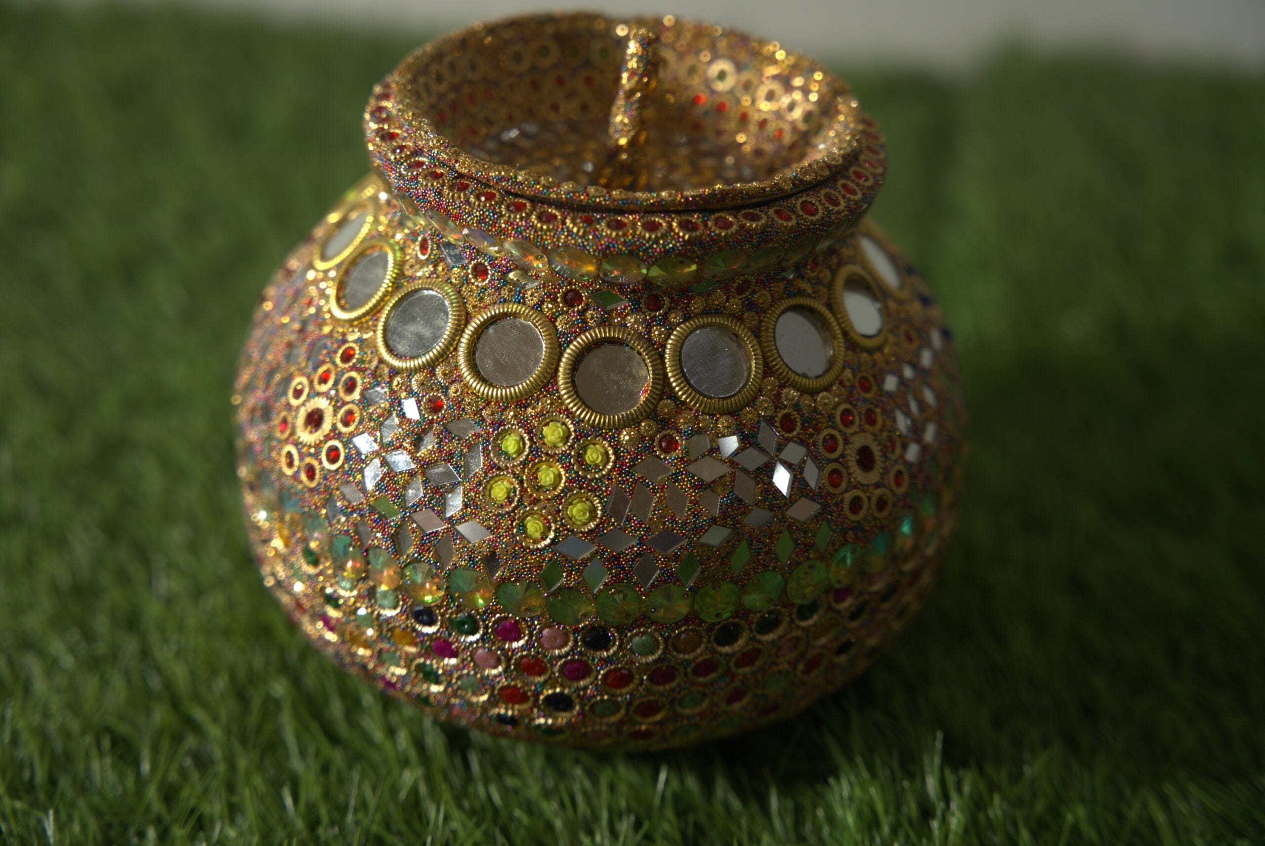 Handcrafted Lac Cow Dung Poojan Kalash With Mirror Work - Hastvikas